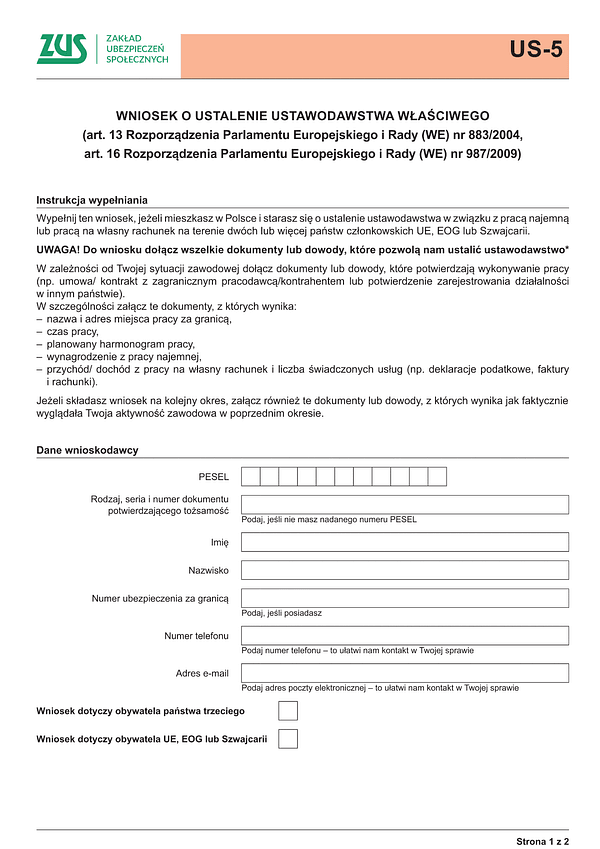ZUS US-5 Wniosek o ustalenie ustawodawstwa właściwego - z wysyłką do ...