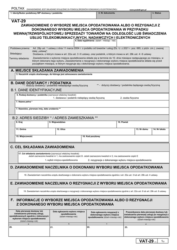 VAT-29 (1) Zawiadomienie o wyborze miejsca opodatkowania albo o ...