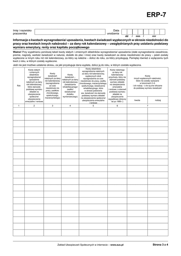 ZUS ERP-7 zal Załącznik do zaświadczenia o zatrudnieniu i wynagrodzeniu ...