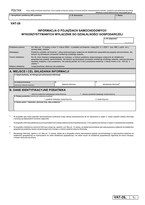 VAT-26 informacja o pojazdach samochodowych | wzór do pobrania online