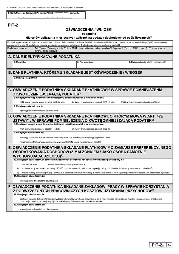 PIT-2 – Oświadczenie pracownika dla celów obliczania miesięcznych ...