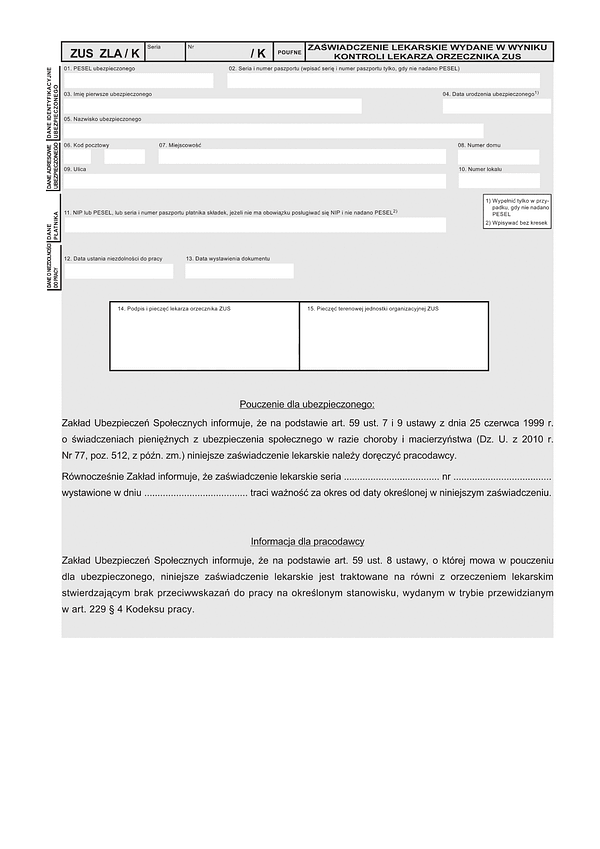 ZUS ZLA/K Zaświadczenie lekarskie wydane w wyniku kontroli lekarza ...