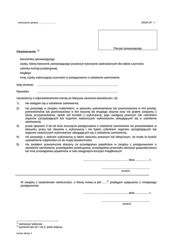 ZP-1 Druk dodatkowy ZP-1 | wzór do pobrania online