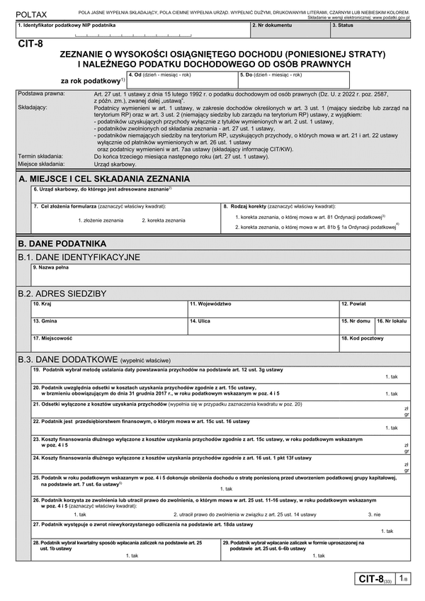 Deklaracja CIT-8 | wzór do pobrania online