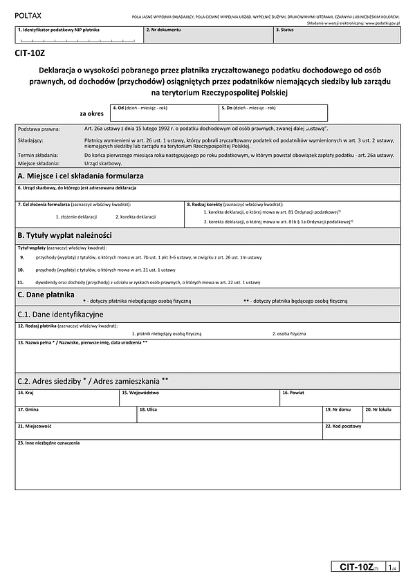 Deklaracja CIT-10Z | wzór do pobrania online