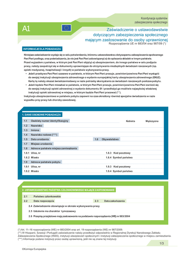 ZUS A1 (od 2014) Zaświadczenie o ustawodawstwie dotyczącym ...